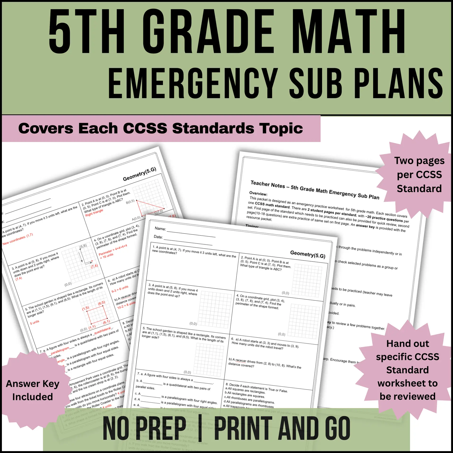 5th grade Emergency Sub Plans Math | Substitute Teacher Plans CCSS ...