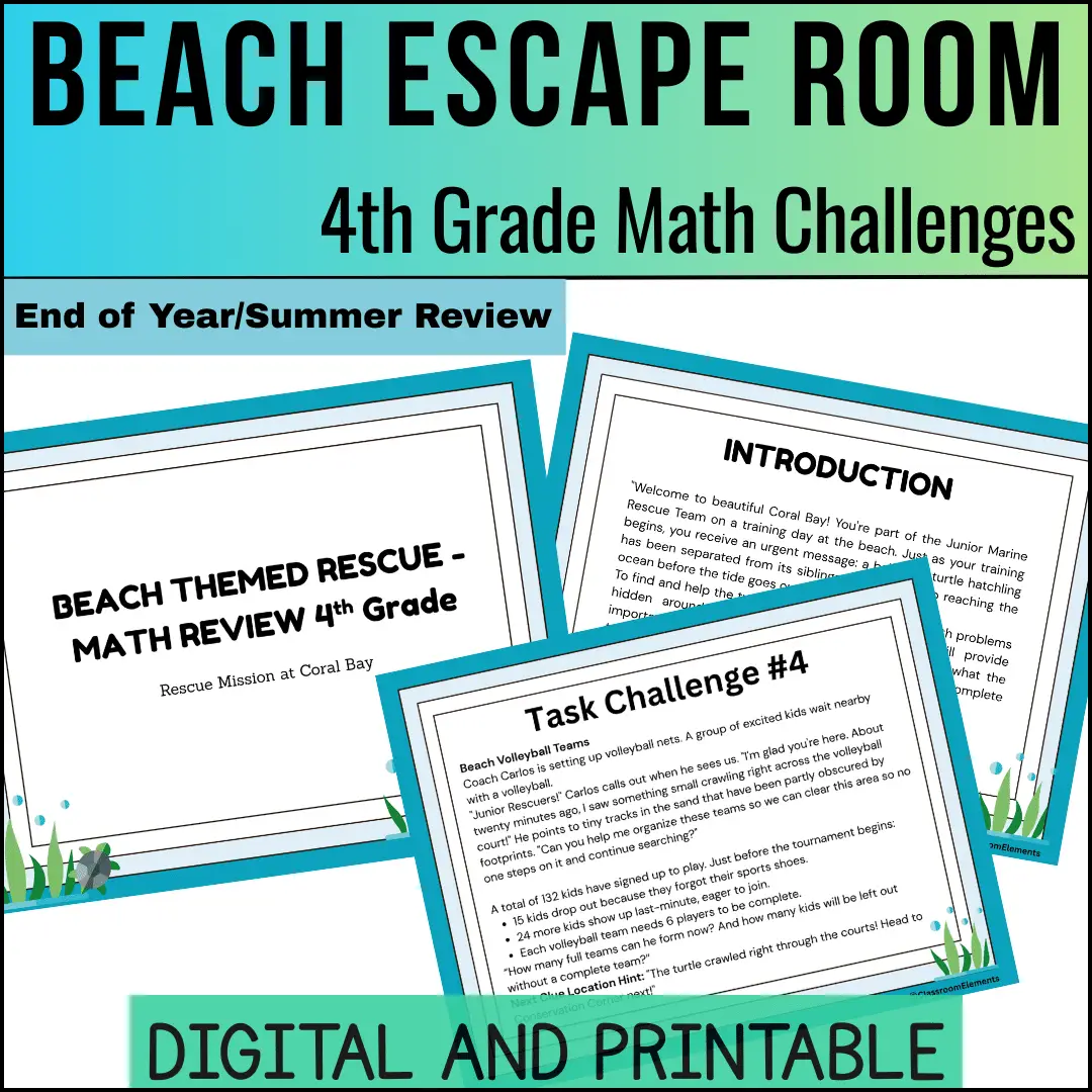 5th Grade First Day of School Escape Room | 4th Grade Math Review Beach ...