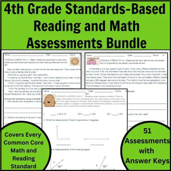 4th Grade Common Core Reading and Math Assessments Bundle for Standards ...
