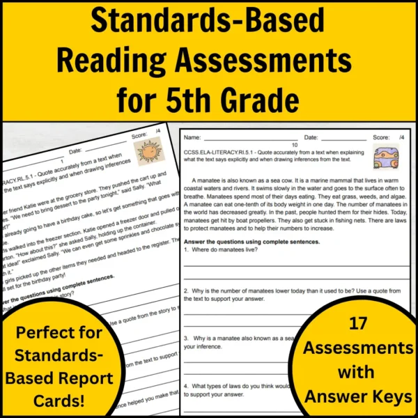 5th Grade Common Core Reading Assessments for Standards Based Grading ...
