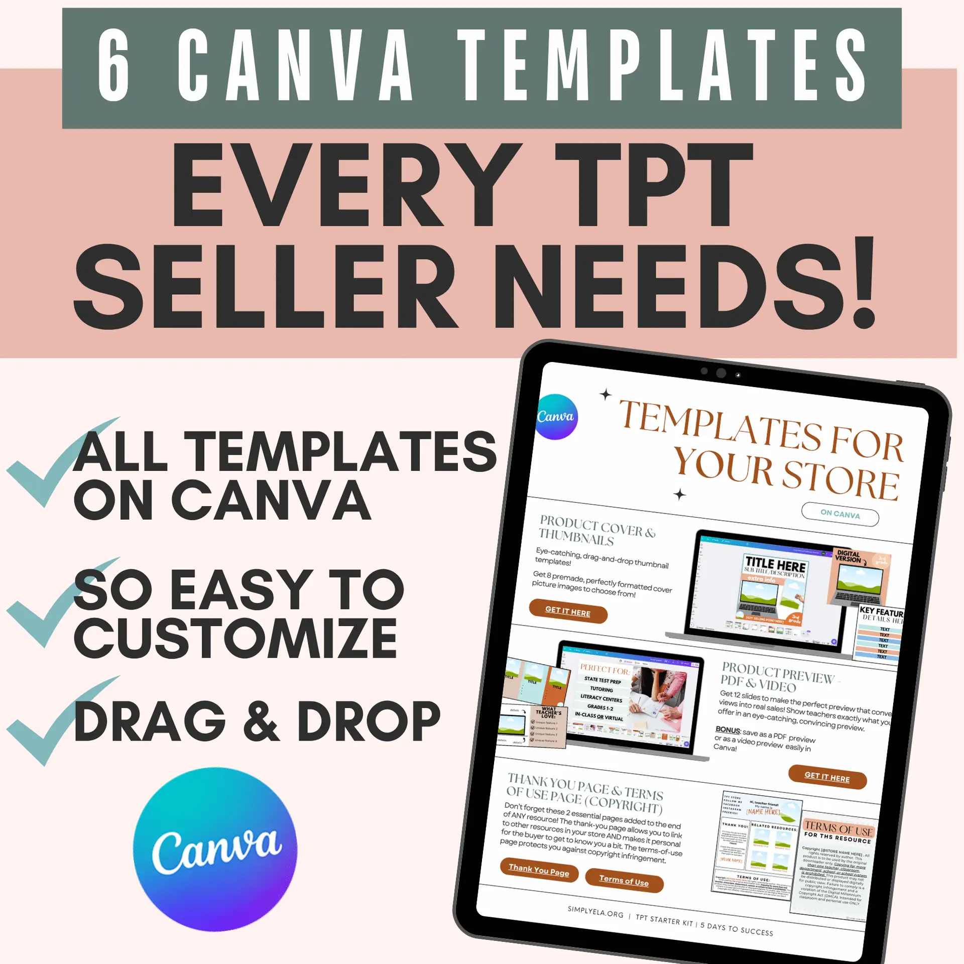 TPT Seller Starter Kit & Templates | 6 Canva Templates for TpT Sellers ...