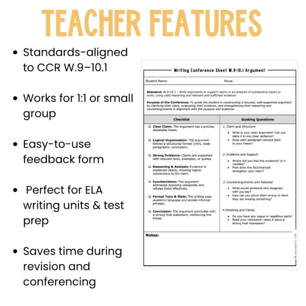Argumentative Writing Conference Sheet | Grade 9–10 ELA | Formative ...