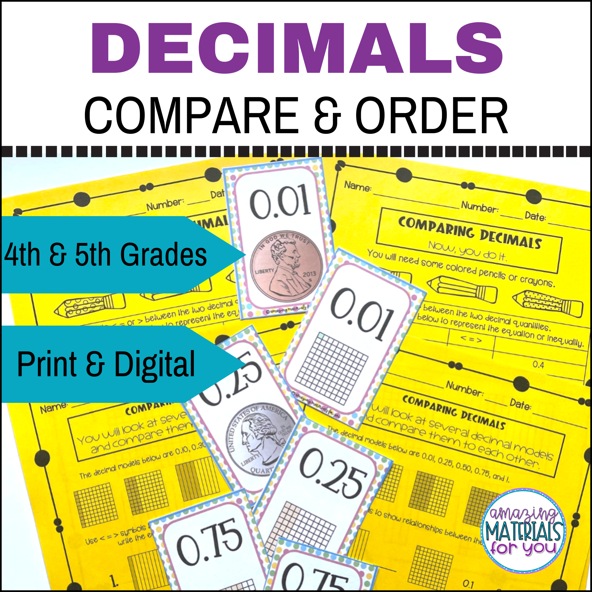 Comparing and Ordering Decimals to the 100ths Place Cards Games ...