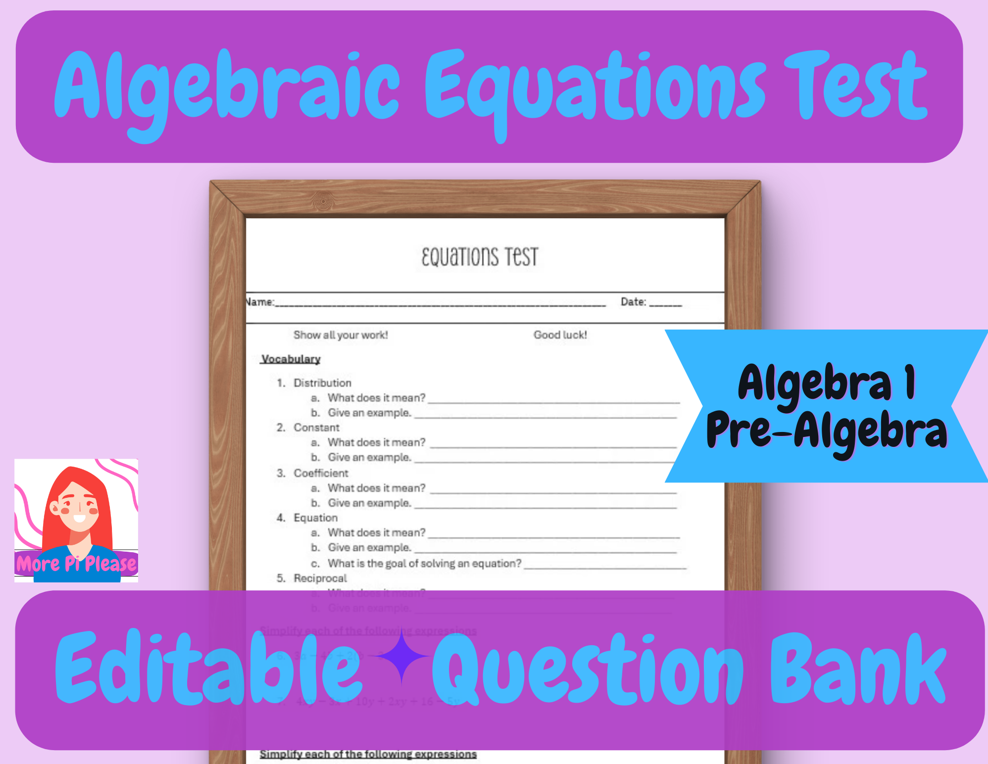 Algebraic Equations Test | Editable | Qs Bank |Algebra 1 - TeacherStore.io™